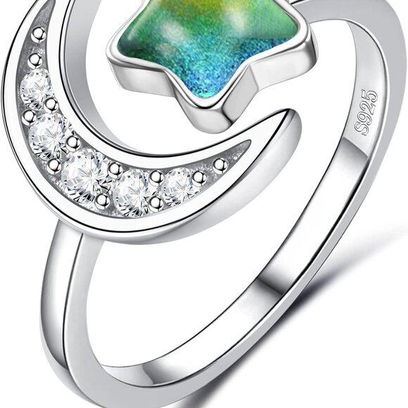 Jewelry | 925 Sterling Silver Mood Ring Moon Star Open Adjustable Rings ...